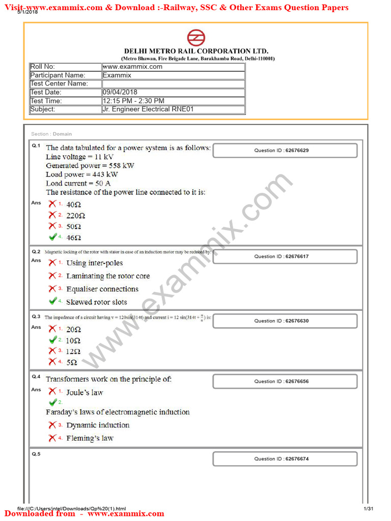 DMRC JE Electrical Paper 9th April 2018 2nd Shift | PDF | Tests