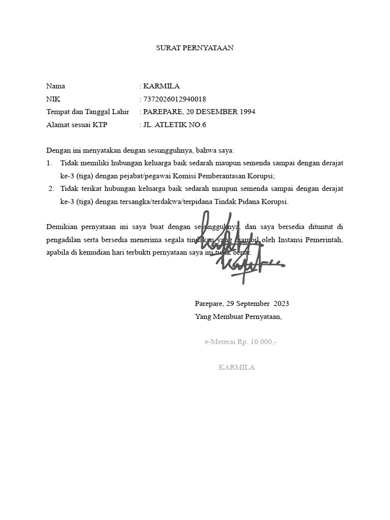surat pernyataan tidak memiliki hubungan keluarga_signed | PDF surat pernyataan tidak memiliki hubungan keluarga_signed | PDF