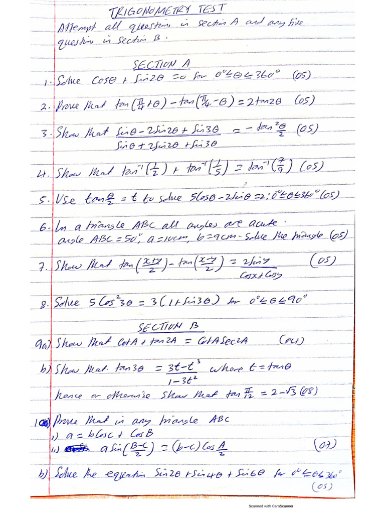 Trigonometry Test | PDF
