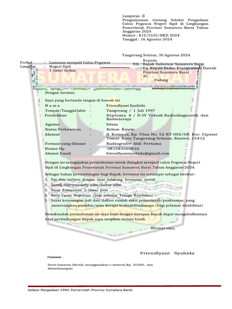 Surat Lamaran Dan Surat Pernyataan Sumbar Yani | PDF