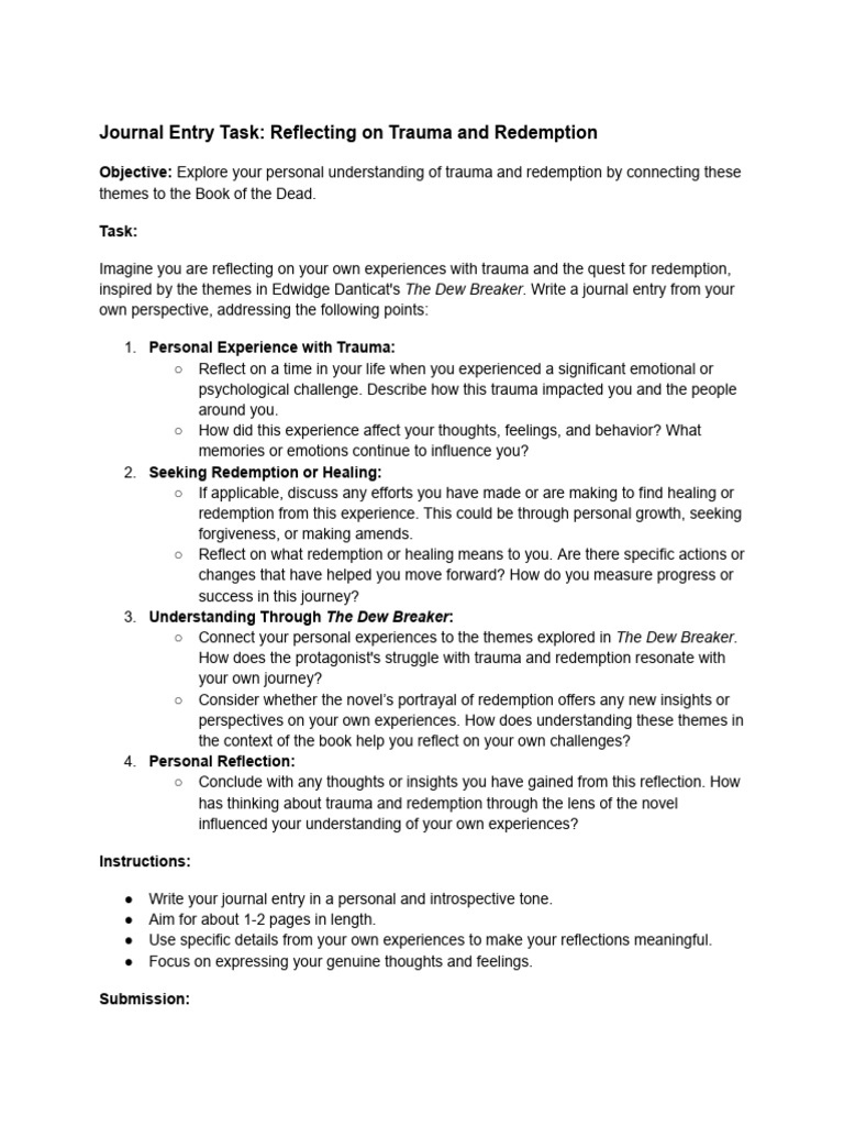Journal Entry Task 1 - Reflecting On Trauma and Redemption | PDF ...