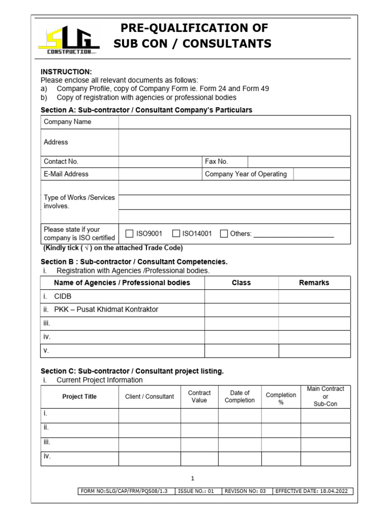 Pre Qualification of Subcon | PDF