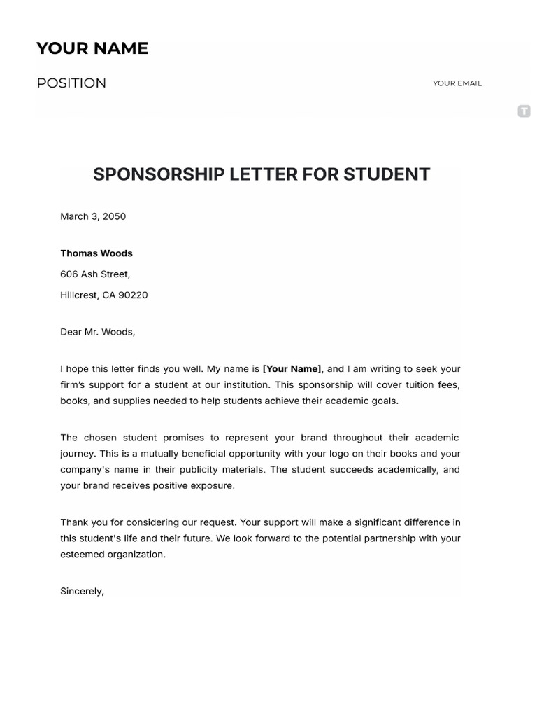 Sponsorship Letter For Student Template - Edit Online & Download ...