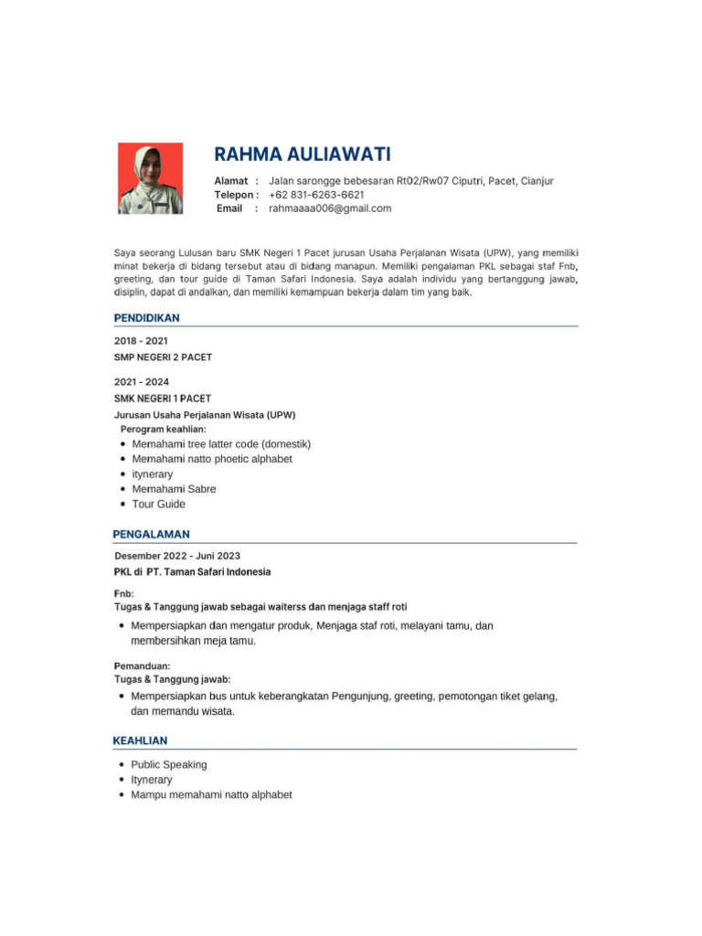 CV Dan Surat Lamaran Rahma Auliawati | PDF