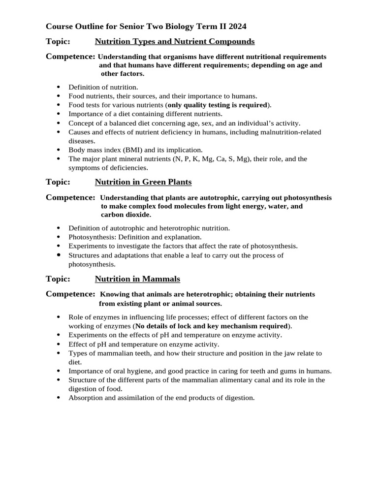 Course Outline For Senior Two Biology Term II 2024 | PDF