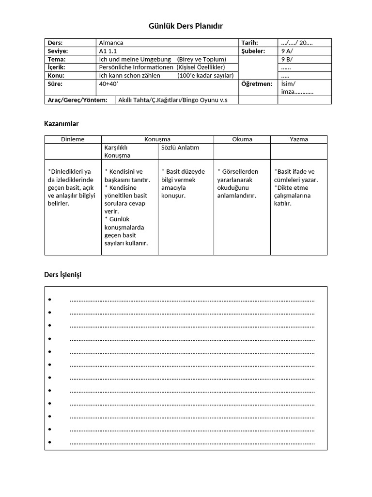 Almanca Gunluk Ders Plani 1 | PDF