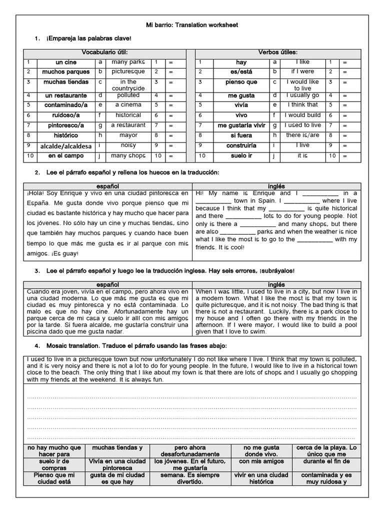 Translation GCSE Worksheet Mi Barrio | PDF