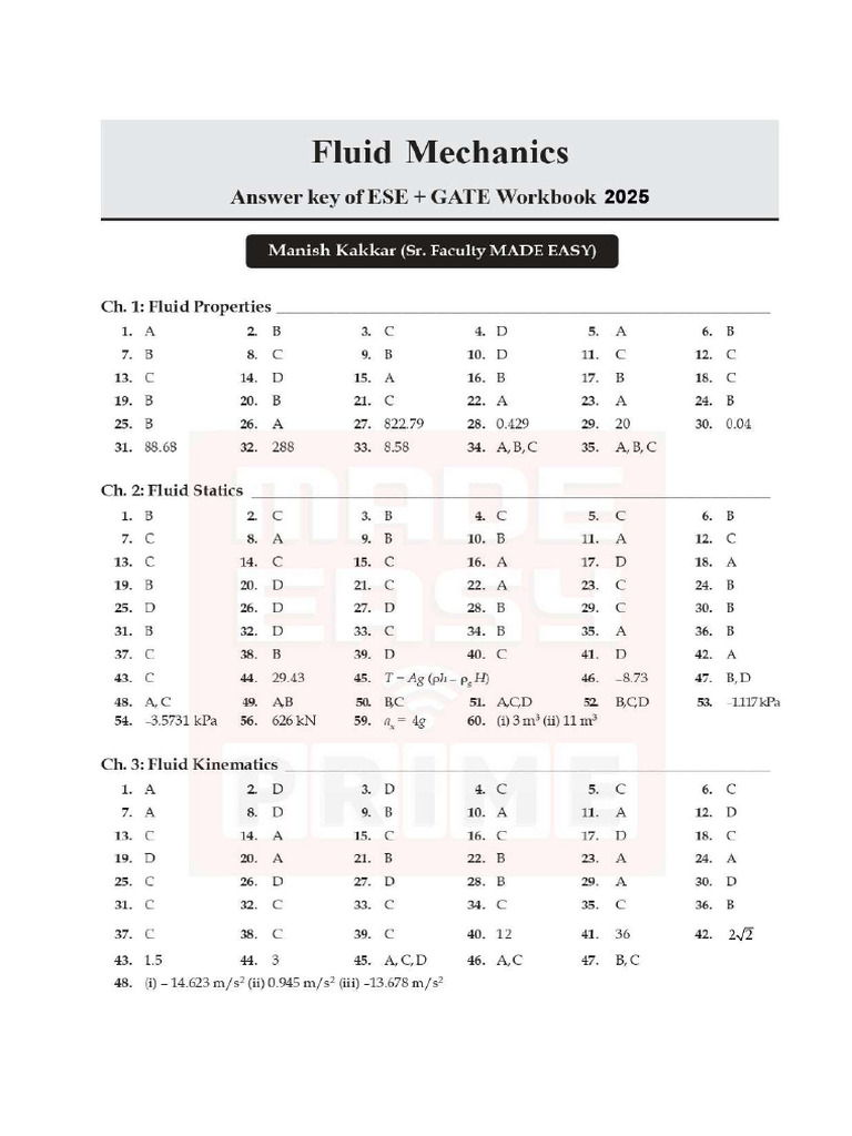 41fluid Mechanics WB 2025 (Ans Key) | PDF