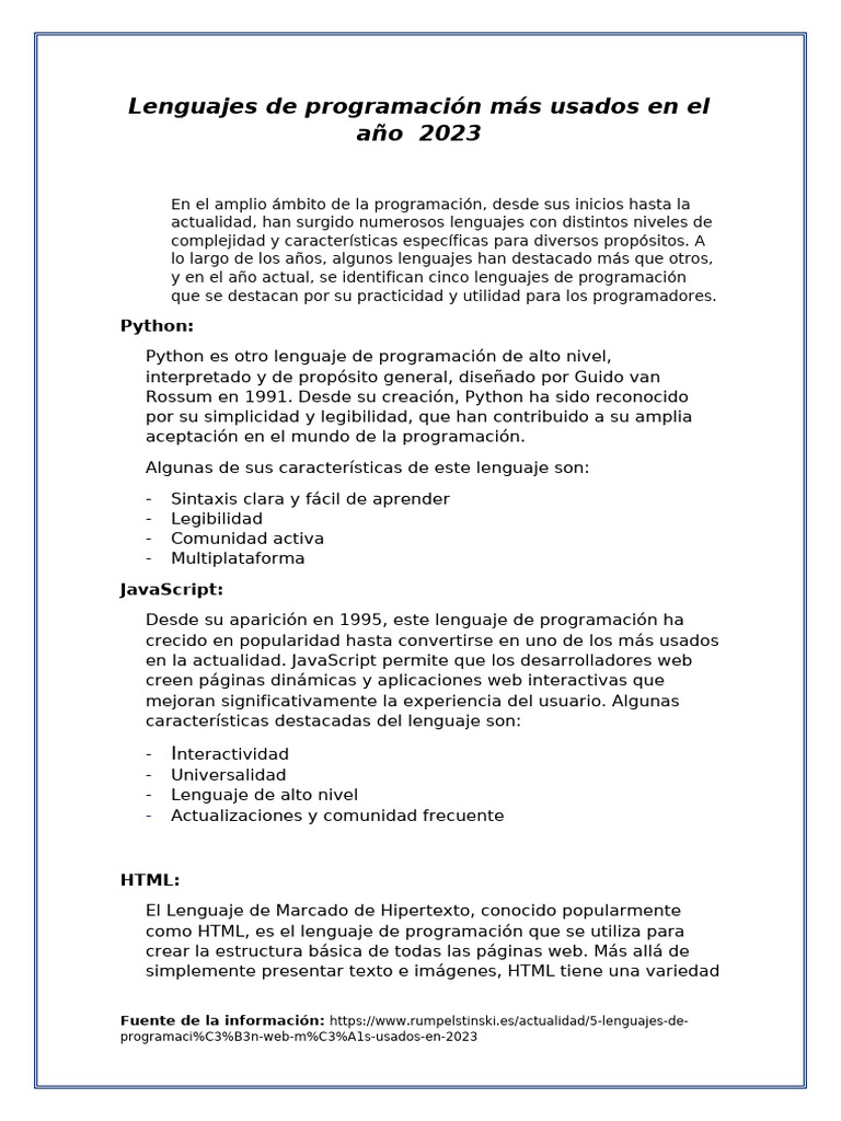 LENGUAJES DE PROGRAMACION MAS USADOS | PDF