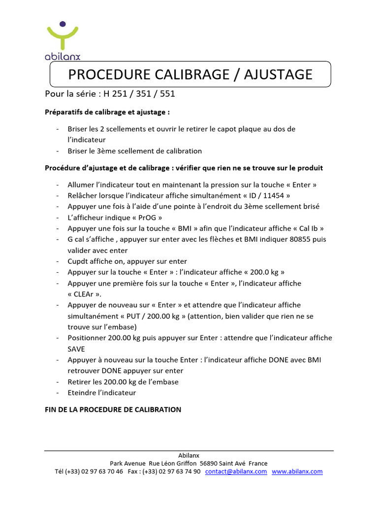 Procédure Calibrage Et Vérification Sur Indicateur Titanium H 251 351 ...