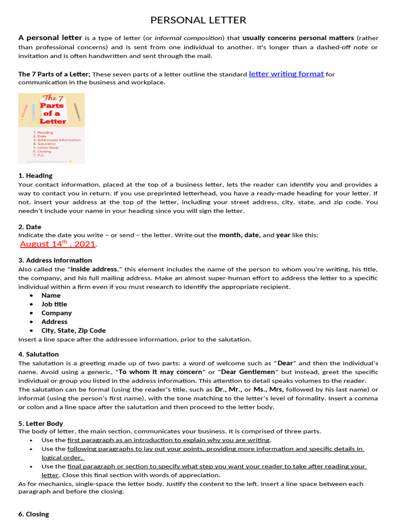 Personal Letter Parts of Letter | PDF