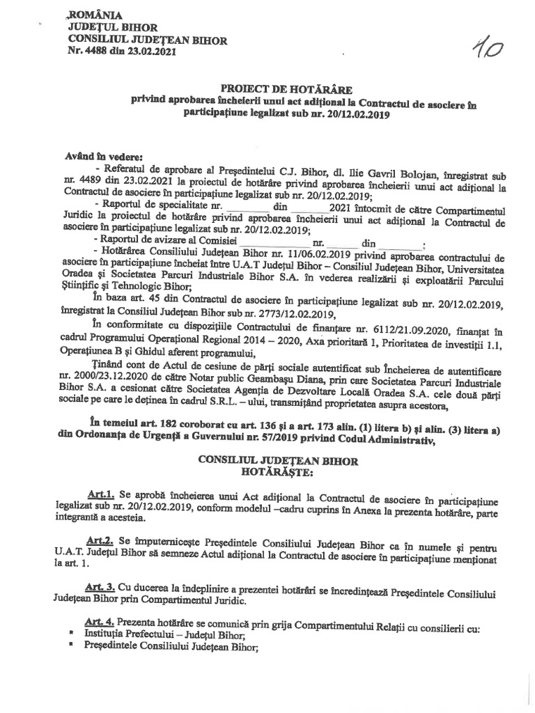 10 Proiect de Hotarare Privind Aprobarea Incheierii Unui Act Aditional ...