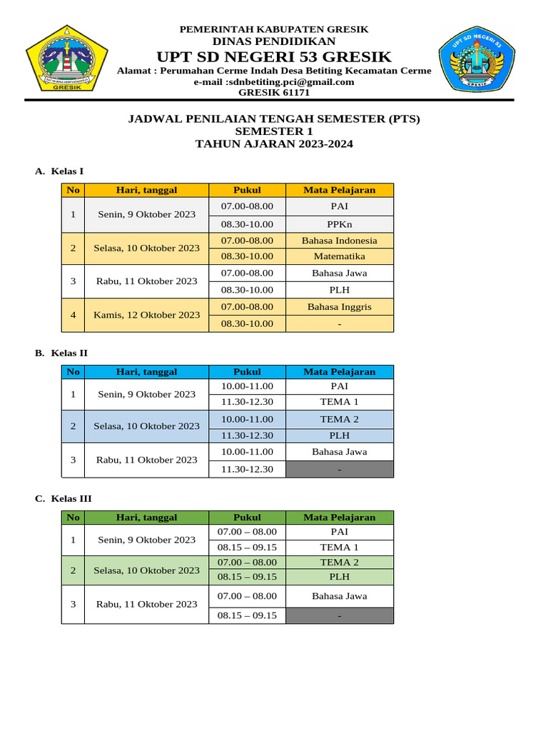 Jadwal PTS 1 2023 2024 | PDF