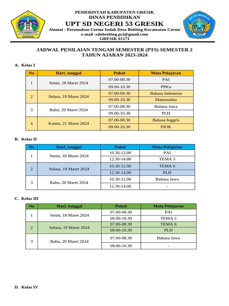 Jadwal PTS Ii 2023-2024 | PDF