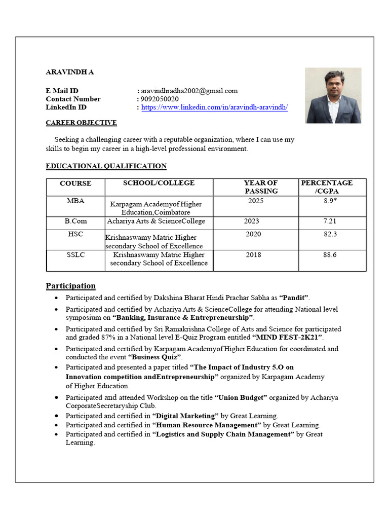 Aravindh A: MBA Graduate Resume | PDF | Business