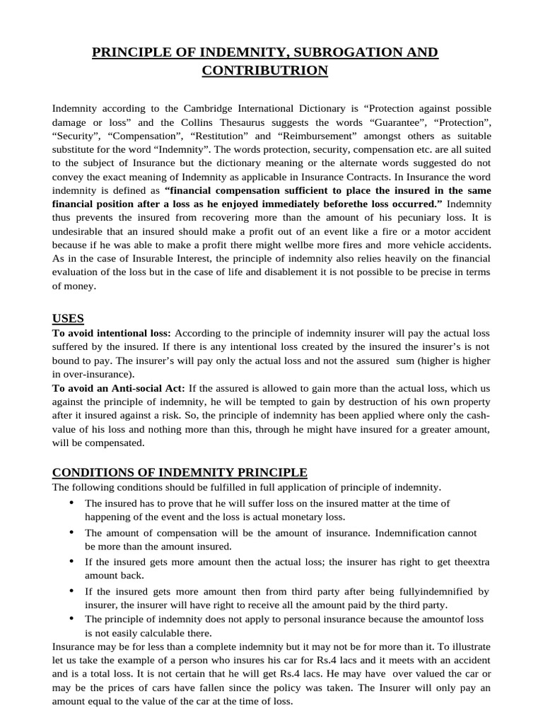 PRINCIPLE OF INDEMNITY, SUBROGATION AND CONTRIBUTION | PDF