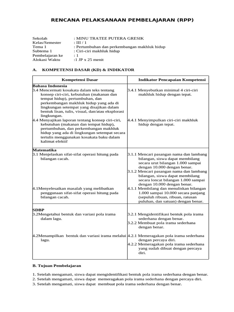 RPP tEMATIK 3 tEMA 1 sUBTEMA 1 - 6 | PDF