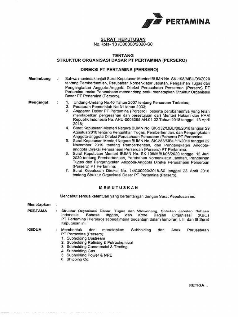 SK No. Kpts-18-C00000-2020-S0 (Struktur Organisasi Dasar Pertamina) | PDF