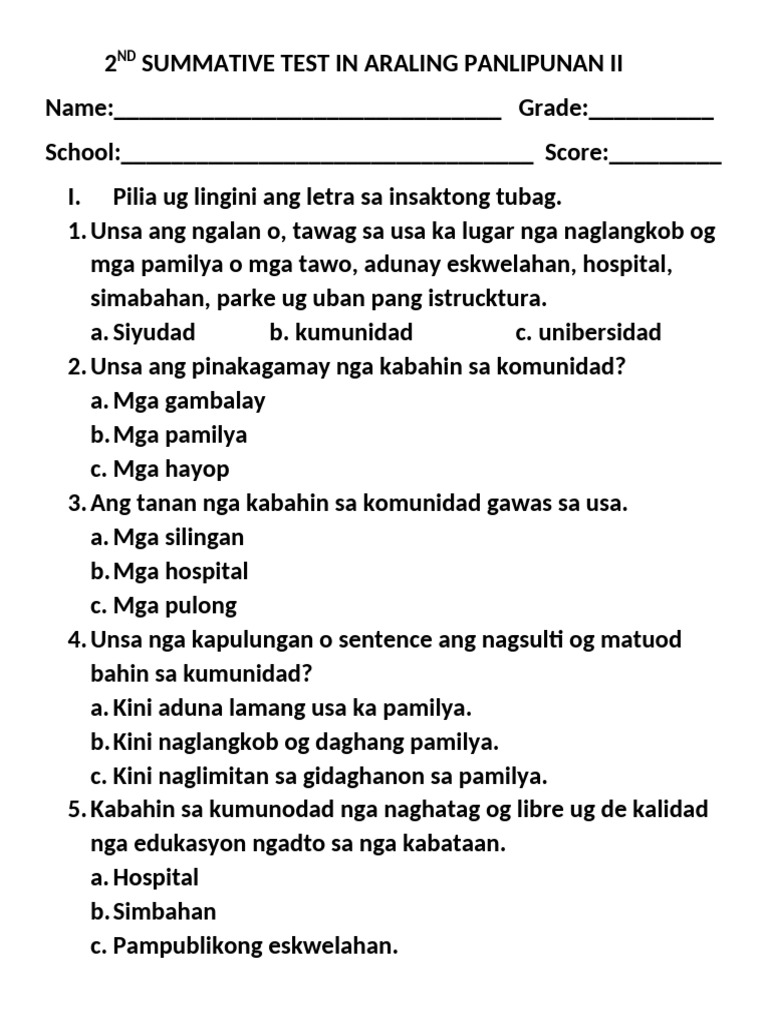 2ND SUMMATIVE TEST IN ARALING PANLIPUNAN | PDF