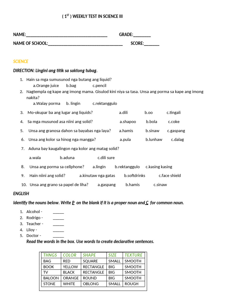1ST Weekly Test in Science 3 | PDF