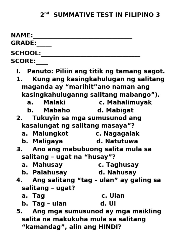 2nd SUMMATIVE TEST IN FILIPINO | PDF