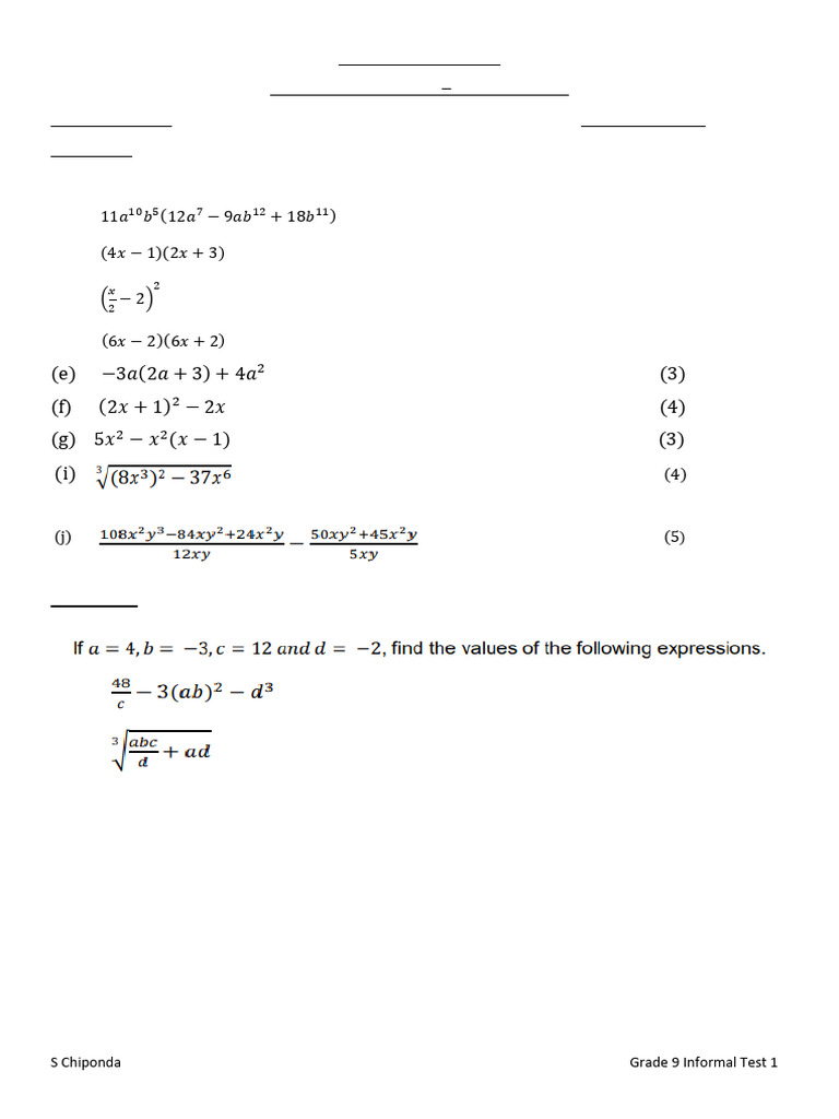 Grade 9 Mathematics Algebraic Expressions Informal Test 1 | PDF