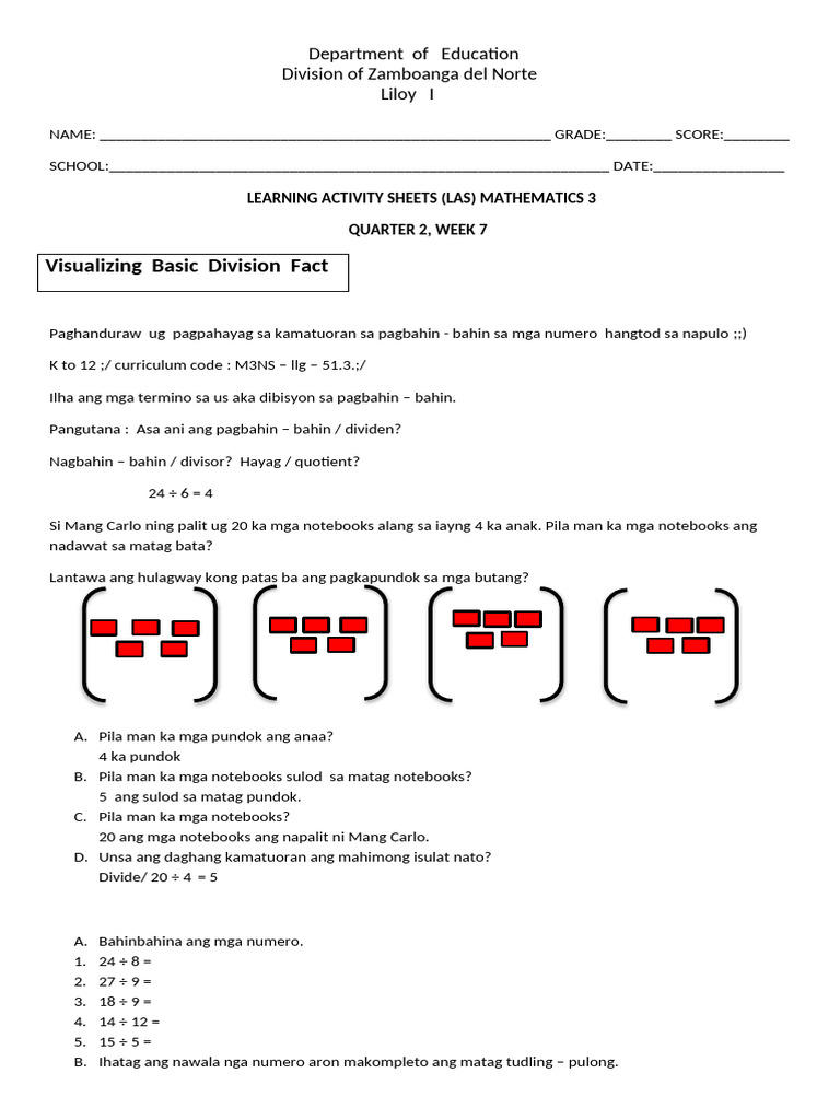 Learning Activity Sheets For Math 3 Quarter 2 Week 7 | PDF
