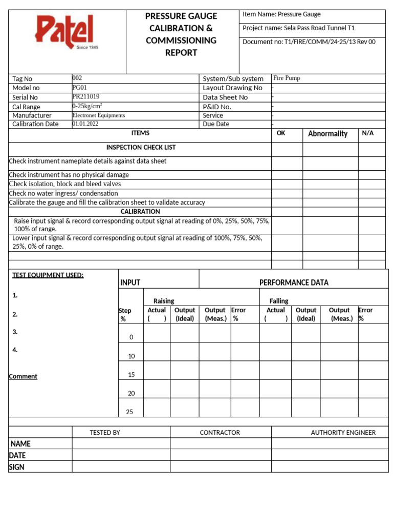 Pressure Gauge Check Sheet | PDF | Calibration