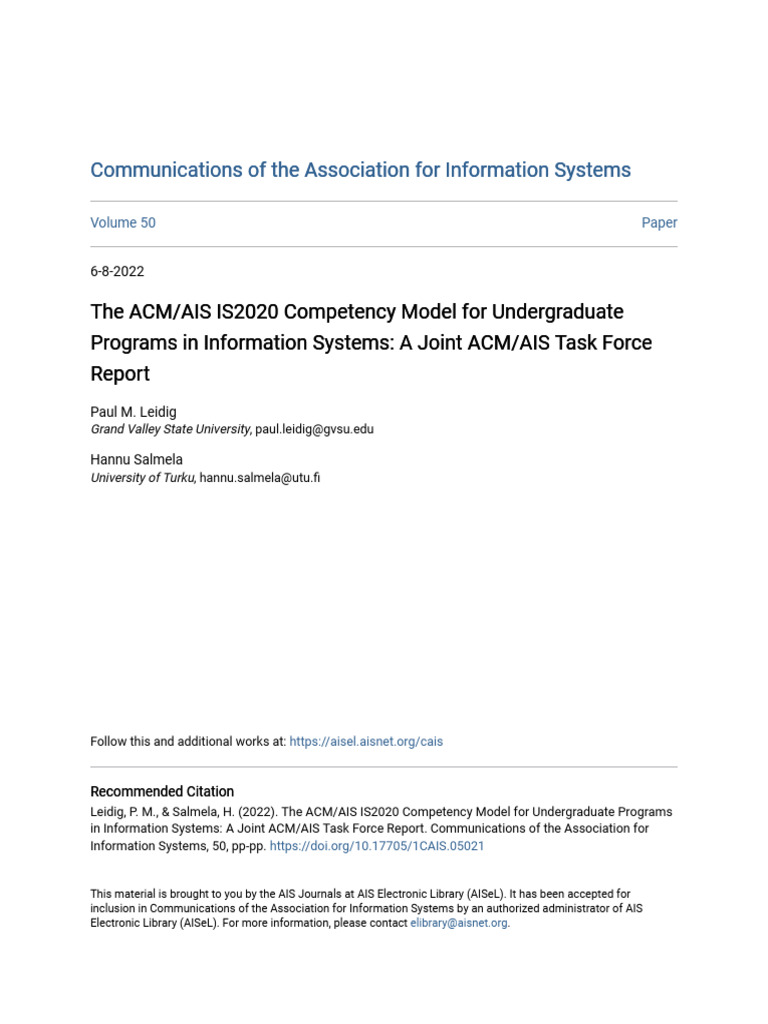 AIS IS2020 Competency Model For Undergraduate Programs in | PDF