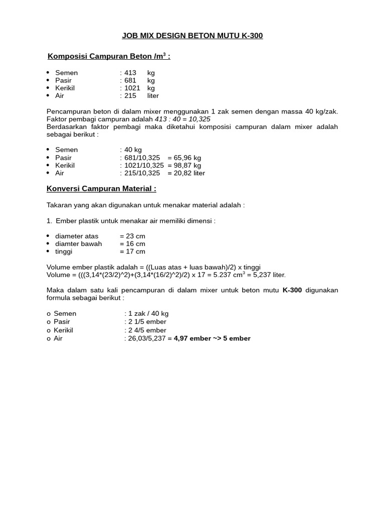 Job Mix Design Beton Mutu K300 | PDF