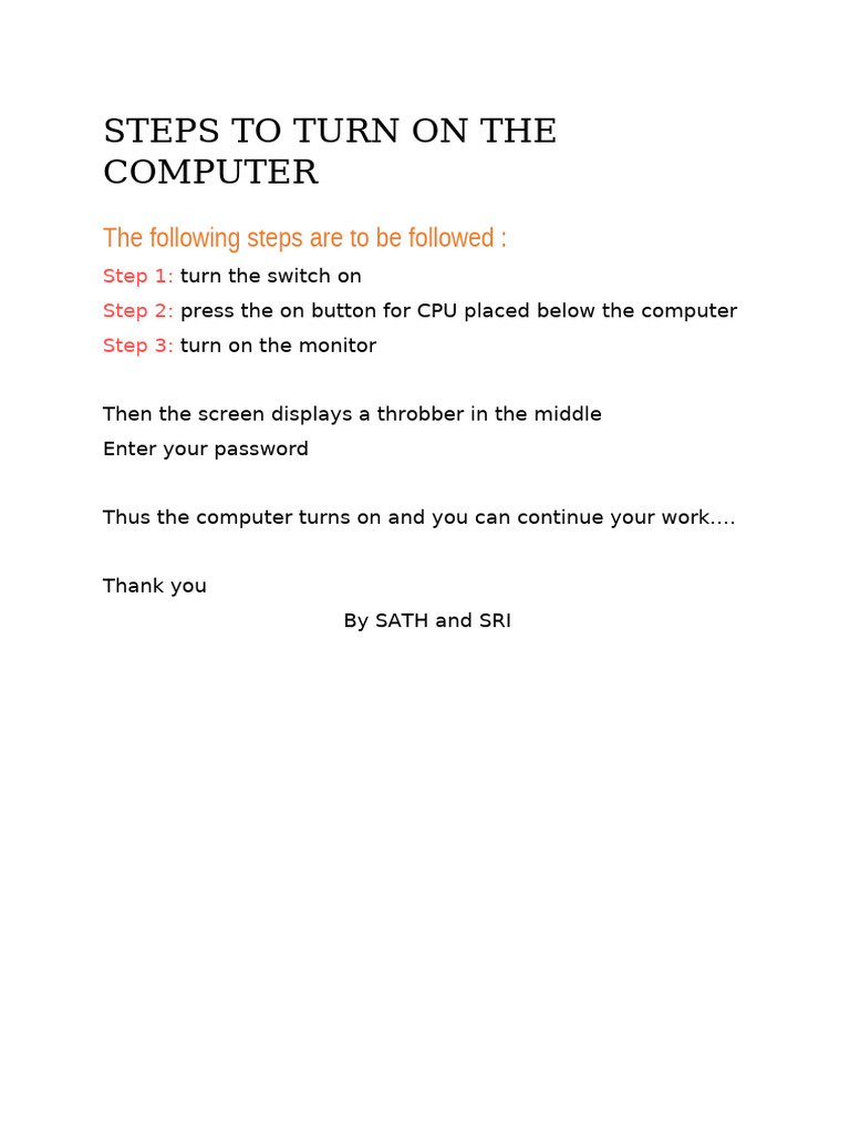 Steps To Turn On The Computer | PDF
