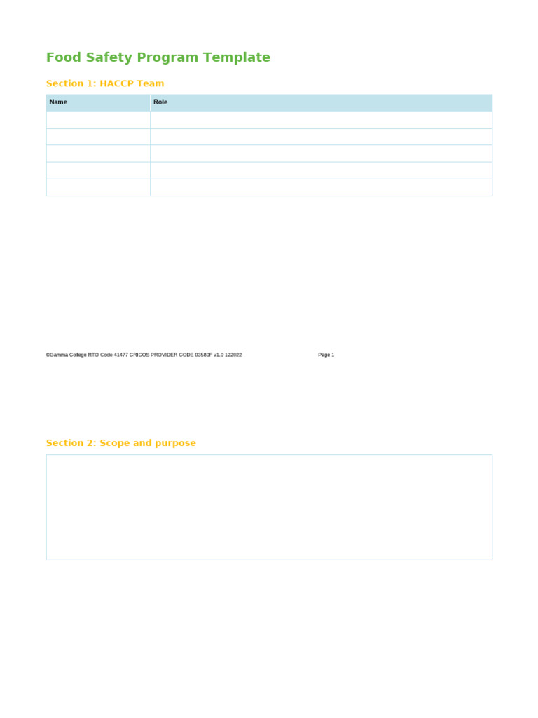 SITXFSA008 Food Safety Program Template.v1.0 | PDF