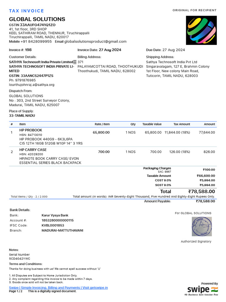 198 For SATHYA TECHNOSOFT INDIA PRIVATE LIMITED | PDF