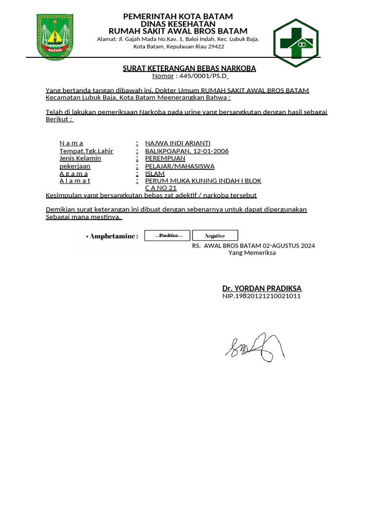 Surat Keterangan Bebas Narkoba | PDF