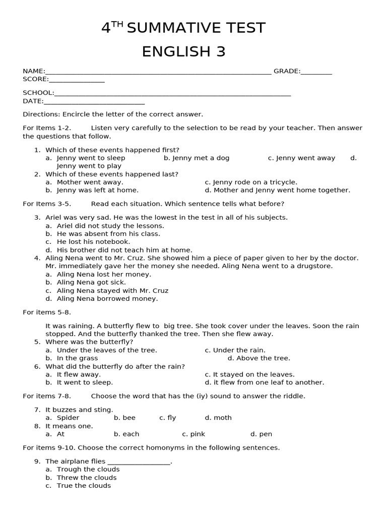 4TH Summative Test English | PDF