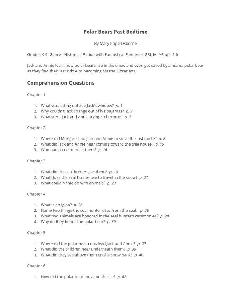Polar Bears Past Bedtime - Comprehension Questions | PDF