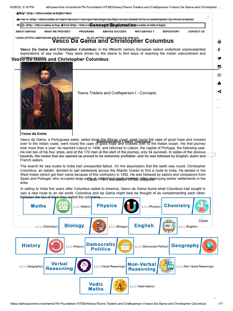 Vasco Da Gama and Christopher Columbus: Concept Explanation | PDF