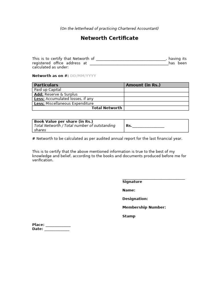 Networth Certificate for Companies | PDF