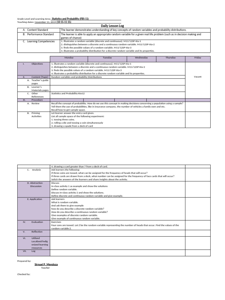 Daily Lesson Log: Statistics and Probability (FBS-11) (10:15-11:15) | PDF
