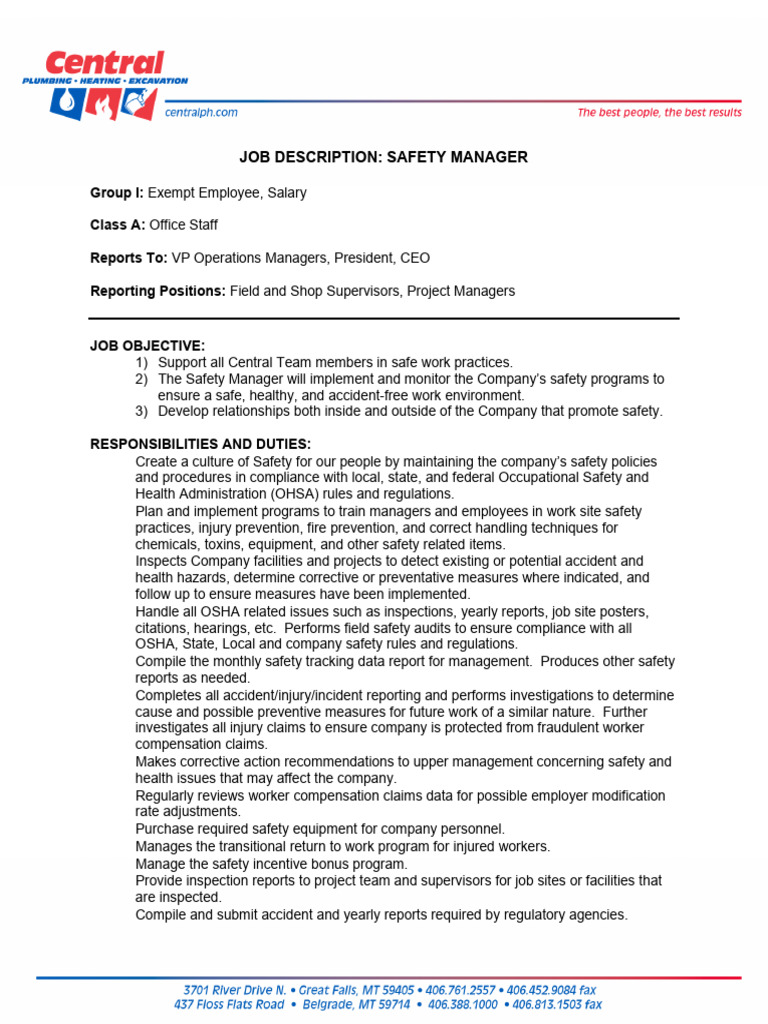 Safety Manager Job Description | PDF | Occupational Safety And Health ...