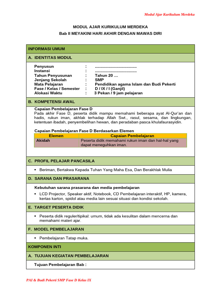 Modul Ajar Bab 2 Meyakini Hari Akhir Dengan Mawas Diri | PDF