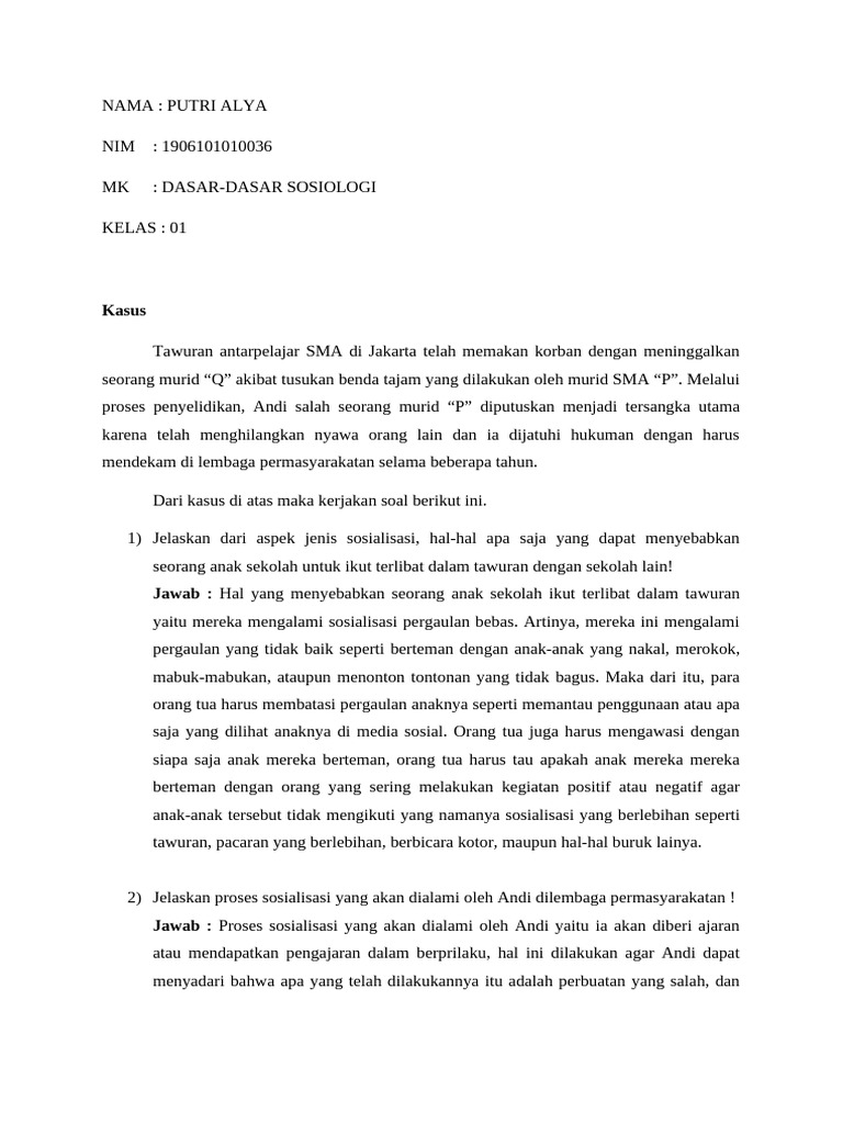Putri Alya - 1906101010036 - Dasar-Dasar Sosiologi 01 | PDF
