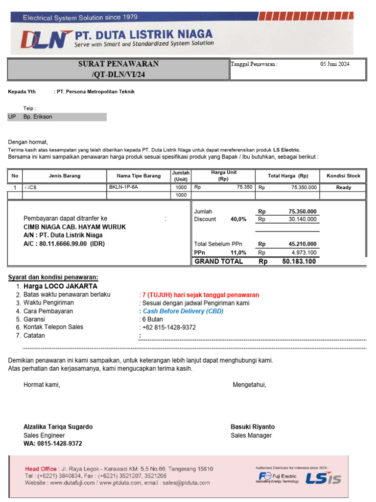 DLN - Penawaran MCB - PT. Pesona Metropolitan | PDF