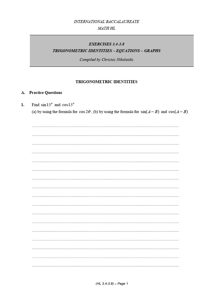 HL 3.4-3.8 Trigonometric Identities - Equations - Functions | PDF
