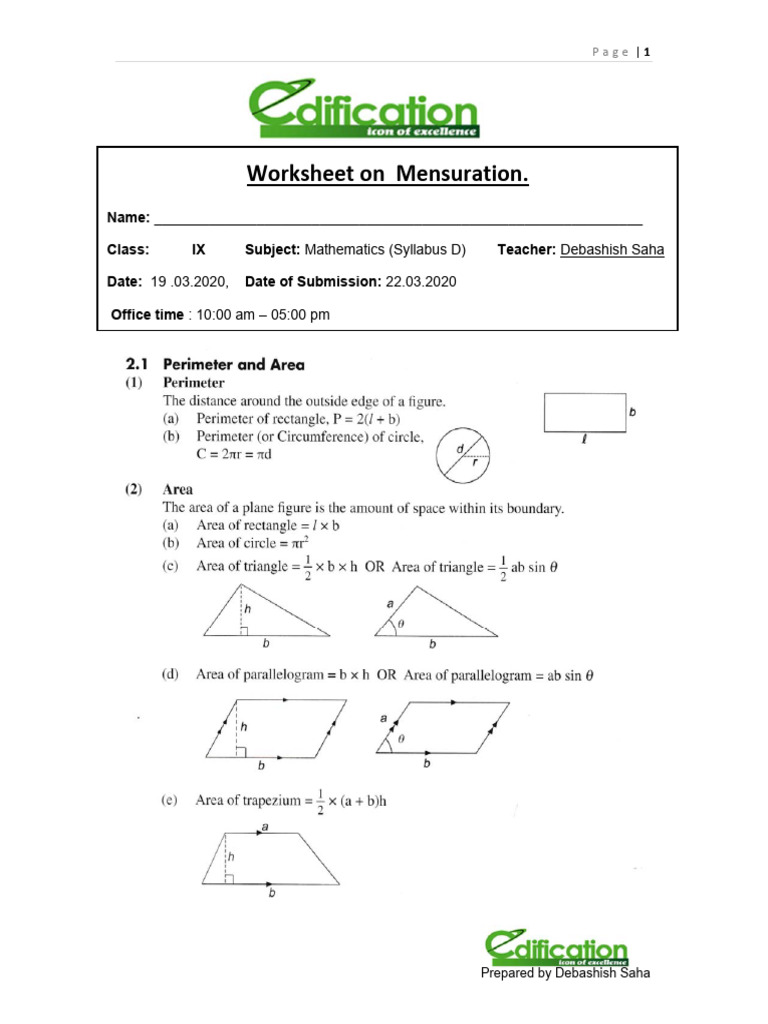 Worksheet On Mensuration | PDF