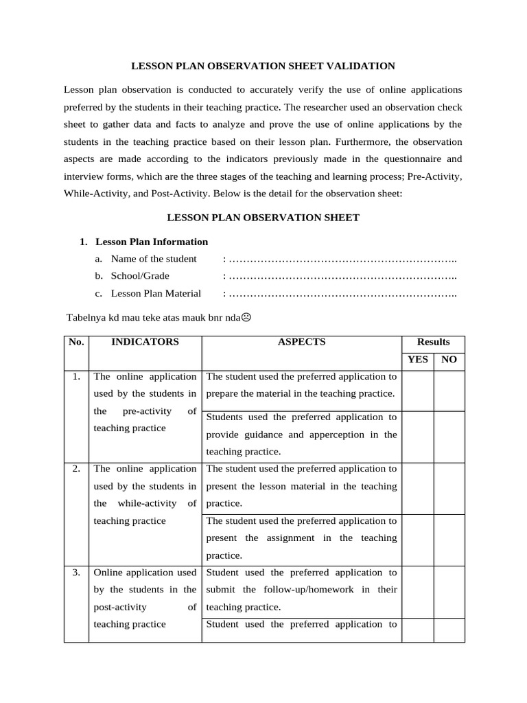 LESSON PLAN OBSERVATION SHEET_apip | PDF