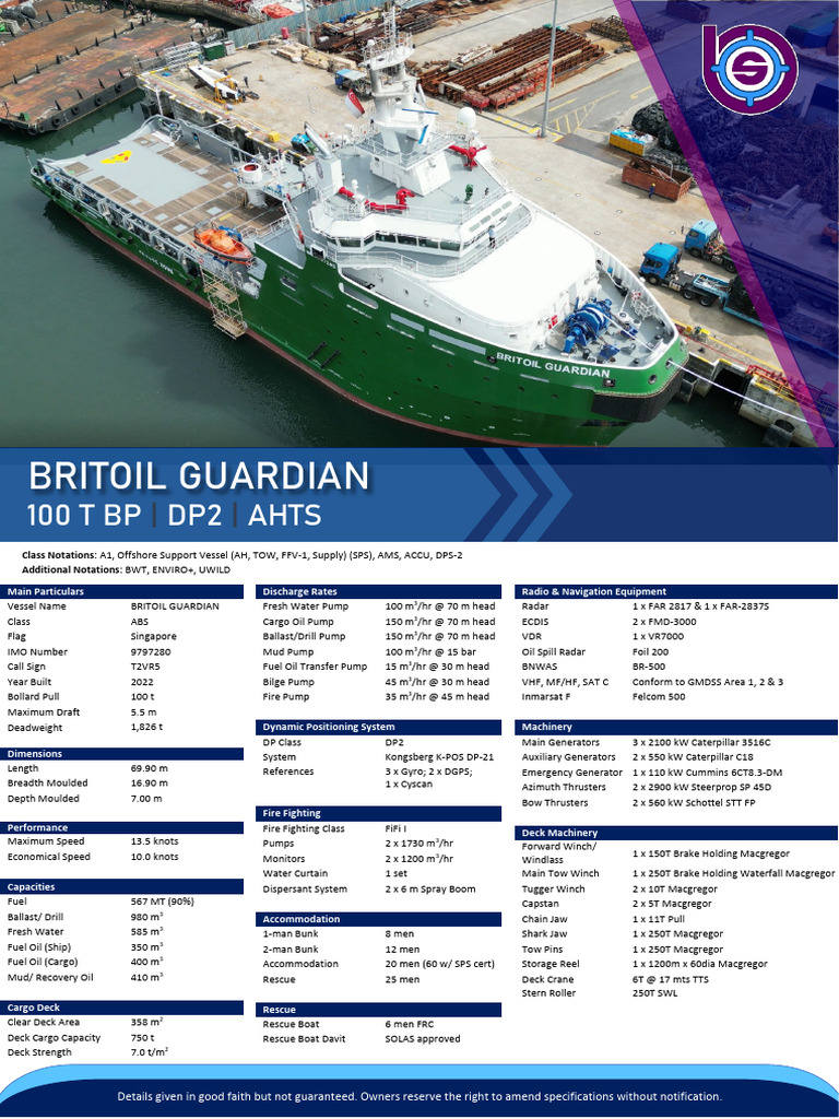 Britoil Guardian Vessel Specifications | PDF | Watercraft | Water Transport