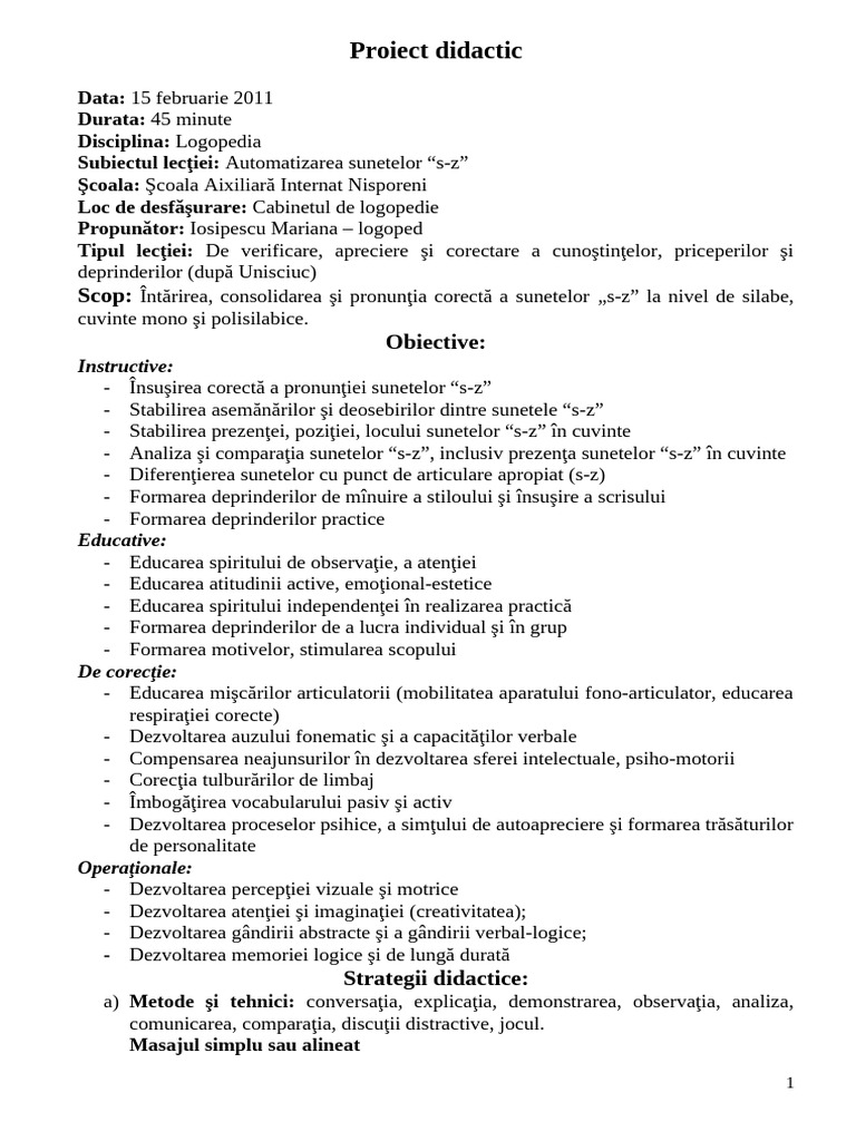 Proiect Didactic Logopedie | PDF