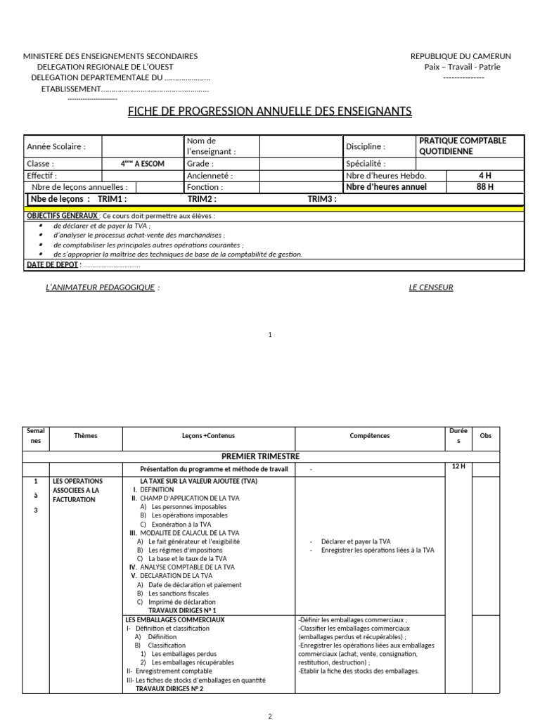 4e A ESCOM - PCQ - FICHE PROGRESSION HARMONISEE OUEST - 2020-2021 | PDF