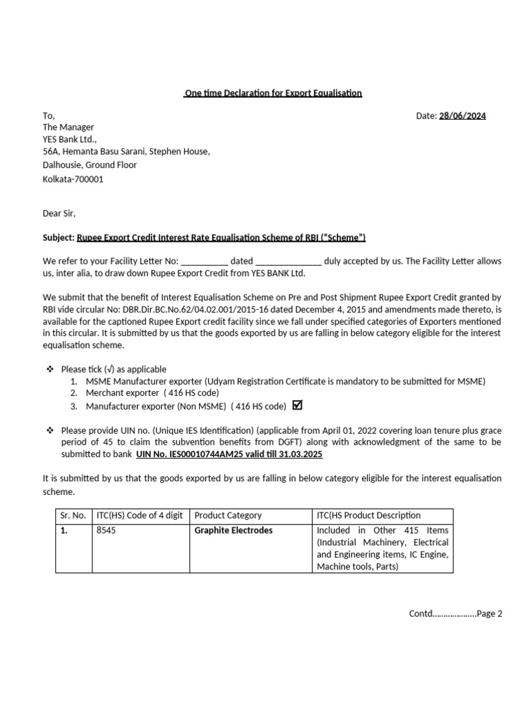 Client One Time Declaration For Export Equalisation | PDF
